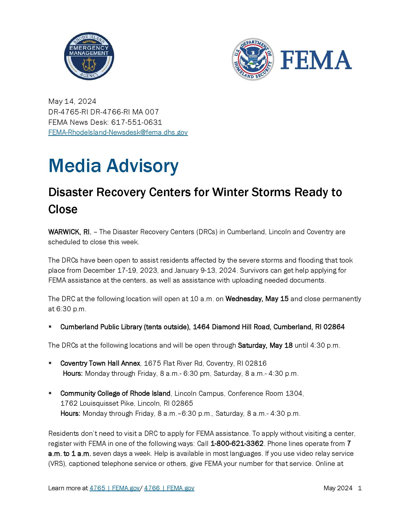 FEMA Coventry Recovery Center Closing | Coventry